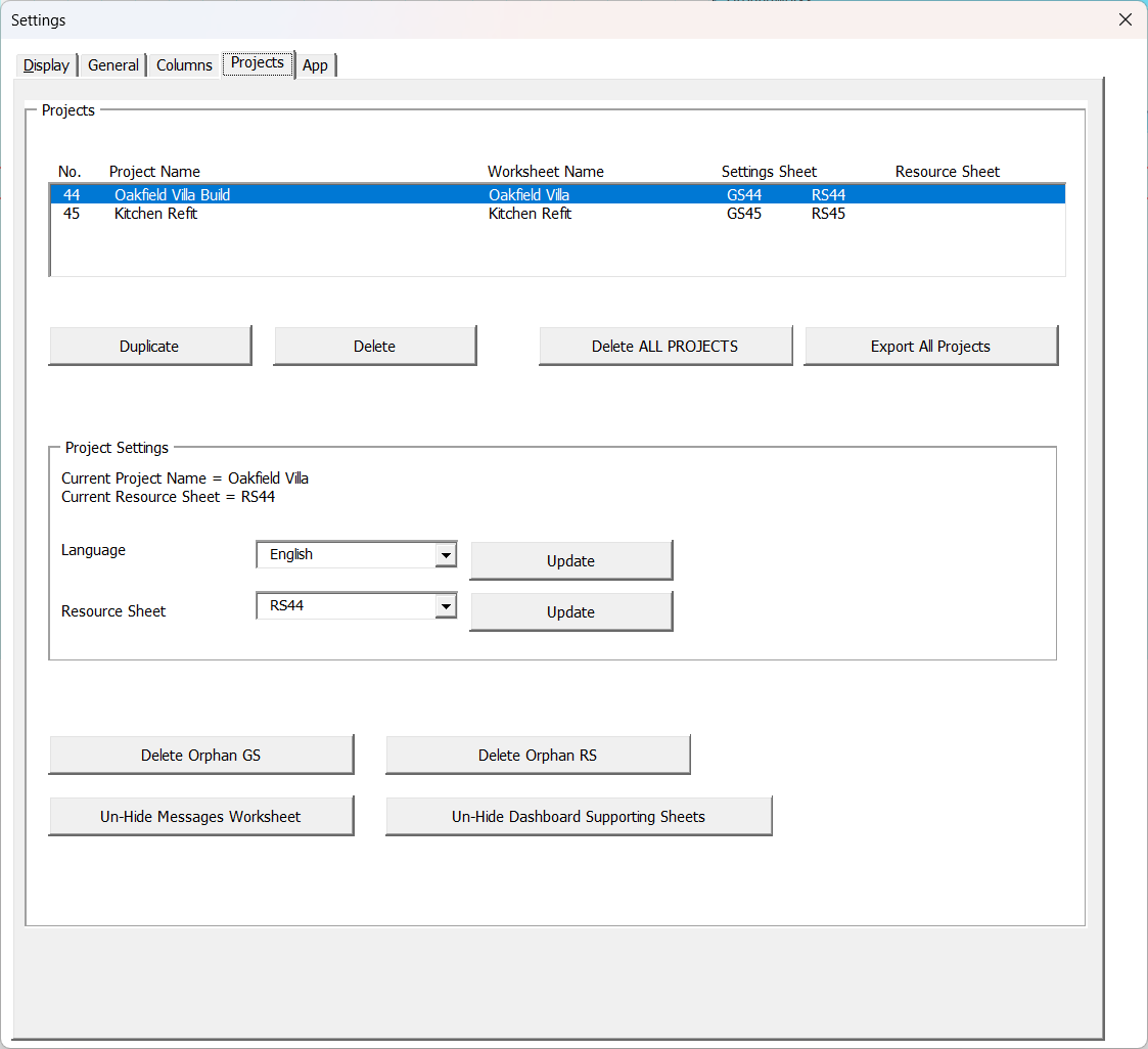 Settings - Gantt Excel